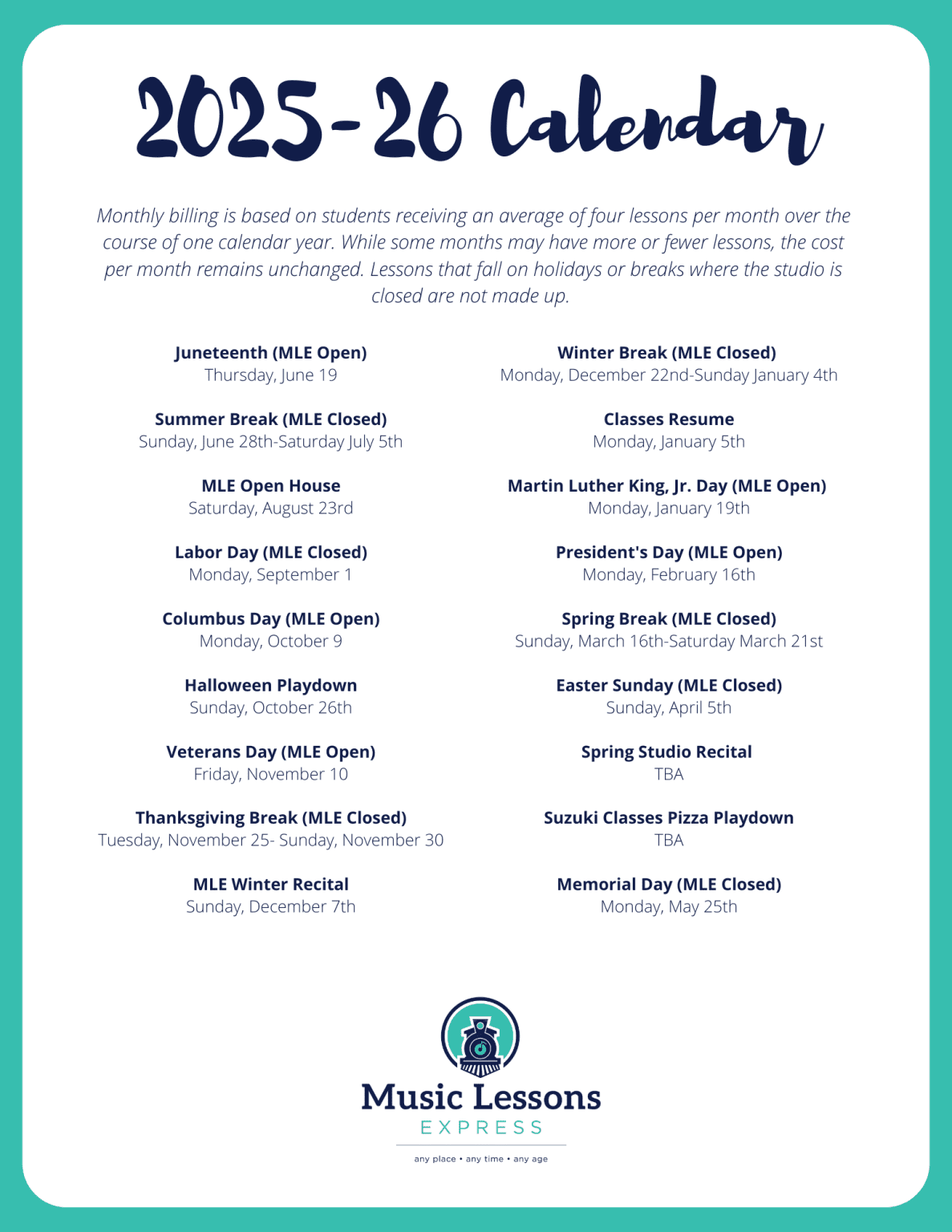 Calendar - Music Lessons Express